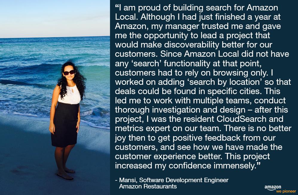 Meet Mansi, Software Development Engineer for Amazon Restaurants. Mansi ... Meet Mansi, Software Development Engineer for Amazon Restaurants. Mansi ...