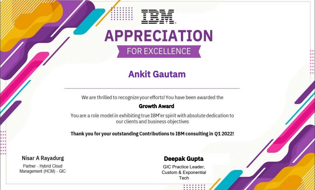 Thank you IBM, Deepak Gupta, Praveen Sharma for recognizing my work ... Thank you IBM, Deepak Gupta, Praveen Sharma for recognizing my work ...