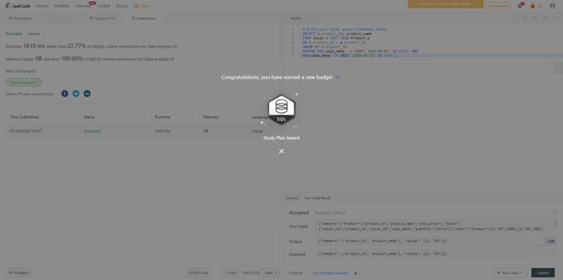 Sriragavi P on LinkedIn: 🎊 Got SQL Badge @Leetcode Challenge 🎊 Sriragavi P on LinkedIn: 🎊 Got SQL Badge @Leetcode Challenge 🎊
