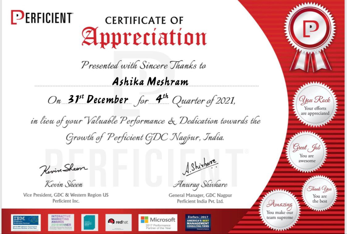 Ashika Meshram on LinkedIn: #q4appreciation #latepost #perficient # ... Ashika Meshram on LinkedIn: #q4appreciation #latepost #perficient # ...