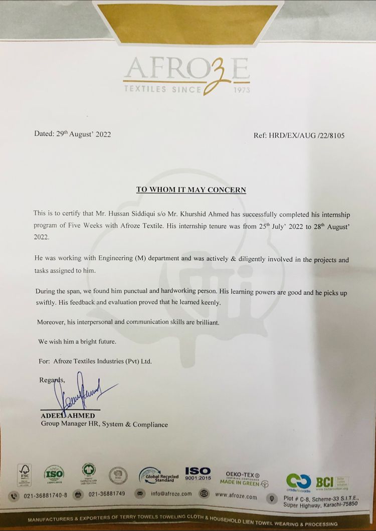 Hussan Ahmed Siddiqui on LinkedIn: #internship #textileindustry Hussan Ahmed Siddiqui on LinkedIn: #internship #textileindustry