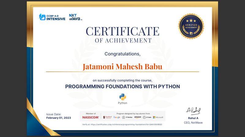 Mahesh Babu Jatamoni on LinkedIn: #python #pythoncertification #ccbp # ... Mahesh Babu Jatamoni on LinkedIn: #python #pythoncertification #ccbp # ...