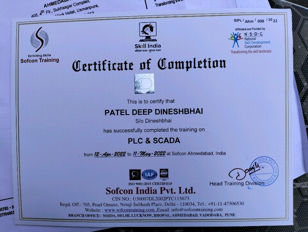 completed the training on PLC and SCADA programming by Sofcon India pvt ... completed the training on PLC and SCADA programming by Sofcon India pvt ...