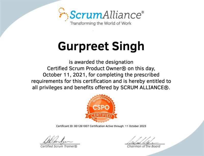 Gurpreet Singh, CSPO® on LinkedIn: #cspo #scrumalliance #productowner Gurpreet Singh, CSPO® on LinkedIn: #cspo #scrumalliance #productowner