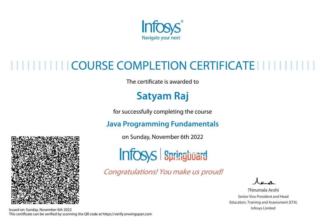 #programming #java #certificateofcompletion | Satyam Raj #programming #java #certificateofcompletion | Satyam Raj