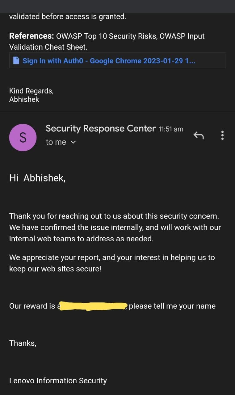 Abhishek V. on LinkedIn: Happy to secure Lenovo 2023 bug bounty Abhishek V. on LinkedIn: Happy to secure Lenovo 2023 bug bounty