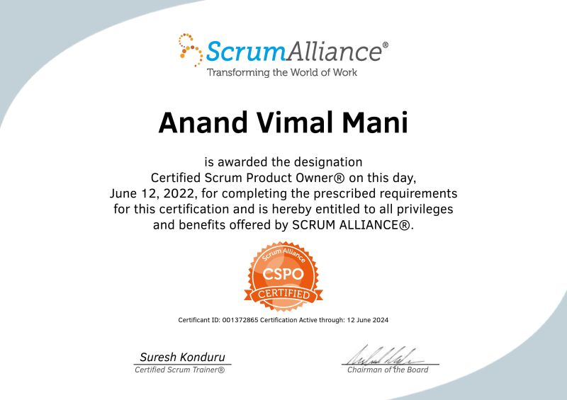 Anand Vimal Mani - CSPO on LinkedIn: #cspo #certifiedscrumproductowner ... Anand Vimal Mani - CSPO on LinkedIn: #cspo #certifiedscrumproductowner ...