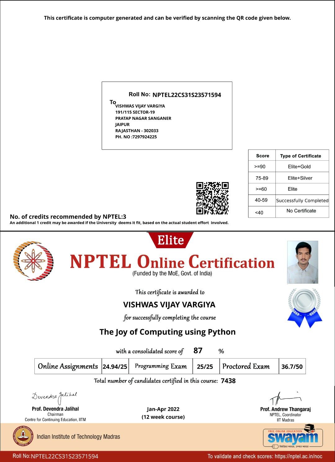 Secured Elite+Silver NPTEL Certificate in The of Computing using Python ... Secured Elite+Silver NPTEL Certificate in The of Computing using Python ...