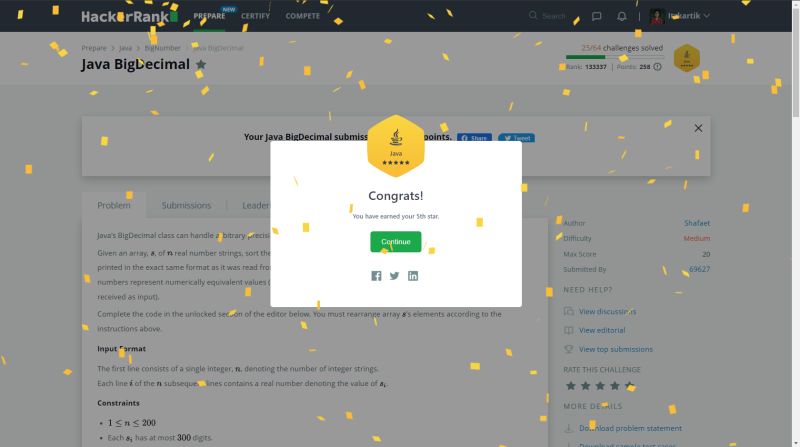 Finally got my 5th Star with Gold Level Today in java on HackerRank and ... Finally got my 5th Star with Gold Level Today in java on HackerRank and ...