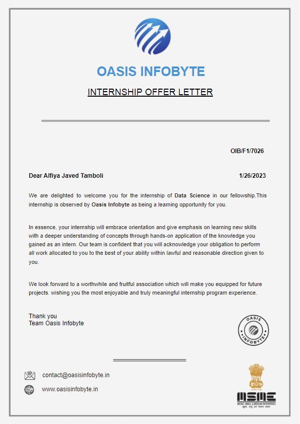 Alfiya Tamboli on LinkedIn: #oasisinfobyte #datascience Alfiya Tamboli on LinkedIn: #oasisinfobyte #datascience