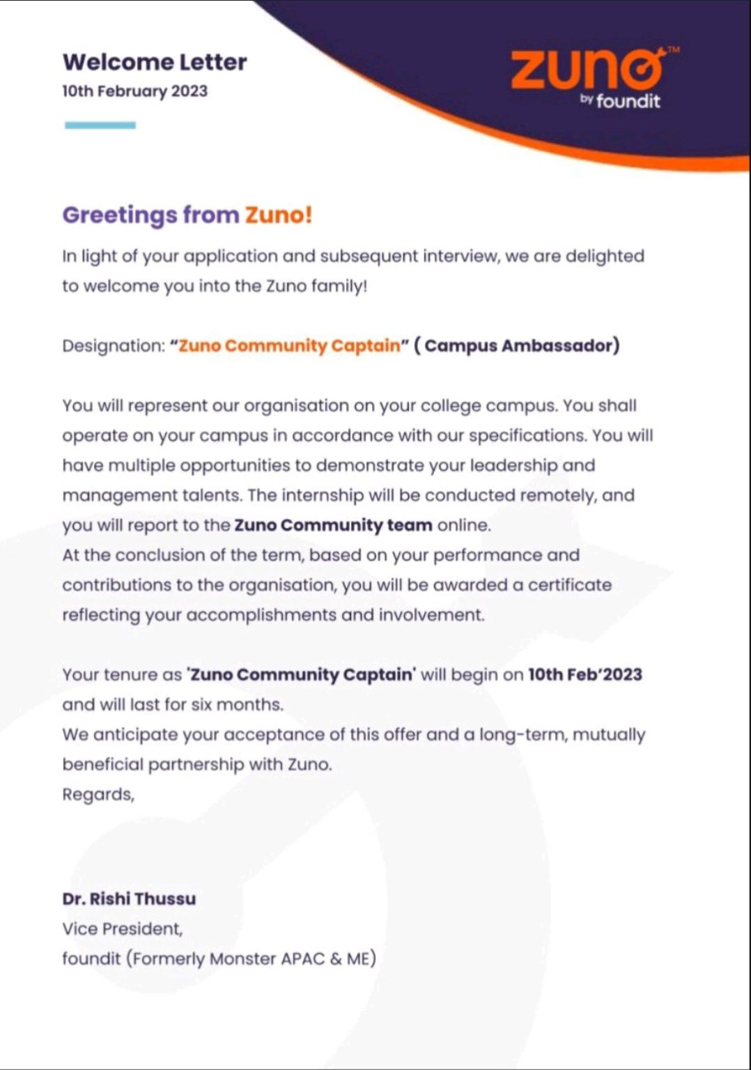 Hello connections!! I just received my welcome letter from Zuno by ... Hello connections!! I just received my welcome letter from Zuno by ...