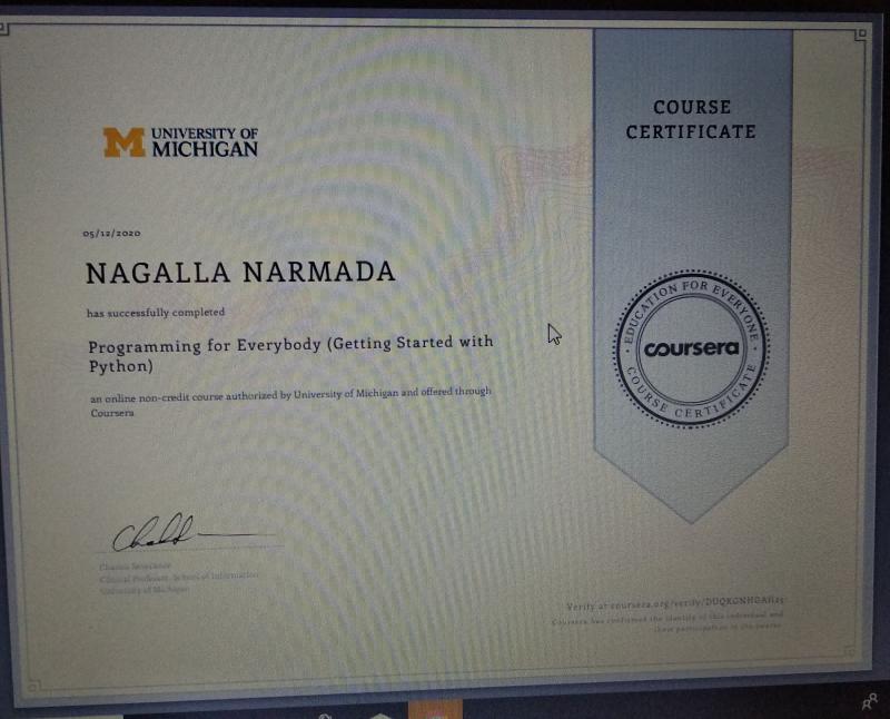 Narmada Nagalla on LinkedIn: #coursera #pythonprogramminglanguage Narmada Nagalla on LinkedIn: #coursera #pythonprogramminglanguage