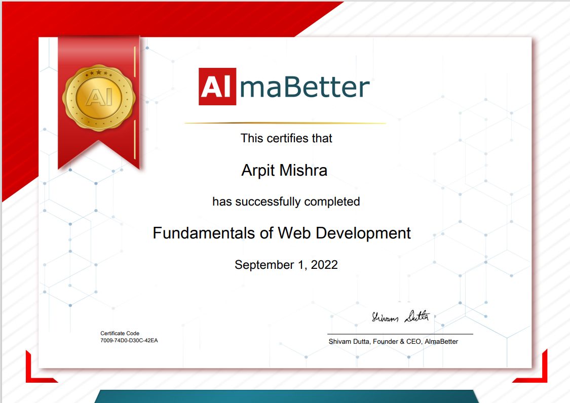 #almabetter #certificate #webdevelopment successfully | Arpit Mishra #almabetter #certificate #webdevelopment successfully | Arpit Mishra