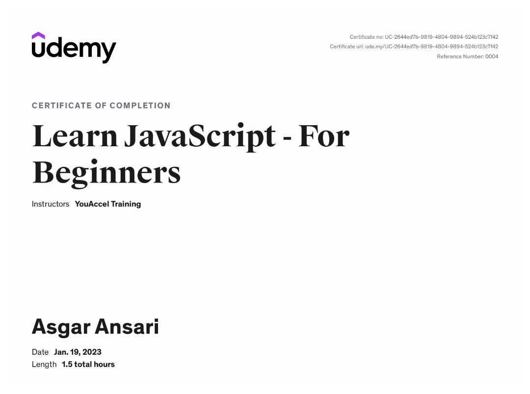 Asgar Ansari on LinkedIn: #completioncertificate #beginners #javascript ... Asgar Ansari on LinkedIn: #completioncertificate #beginners #javascript ...