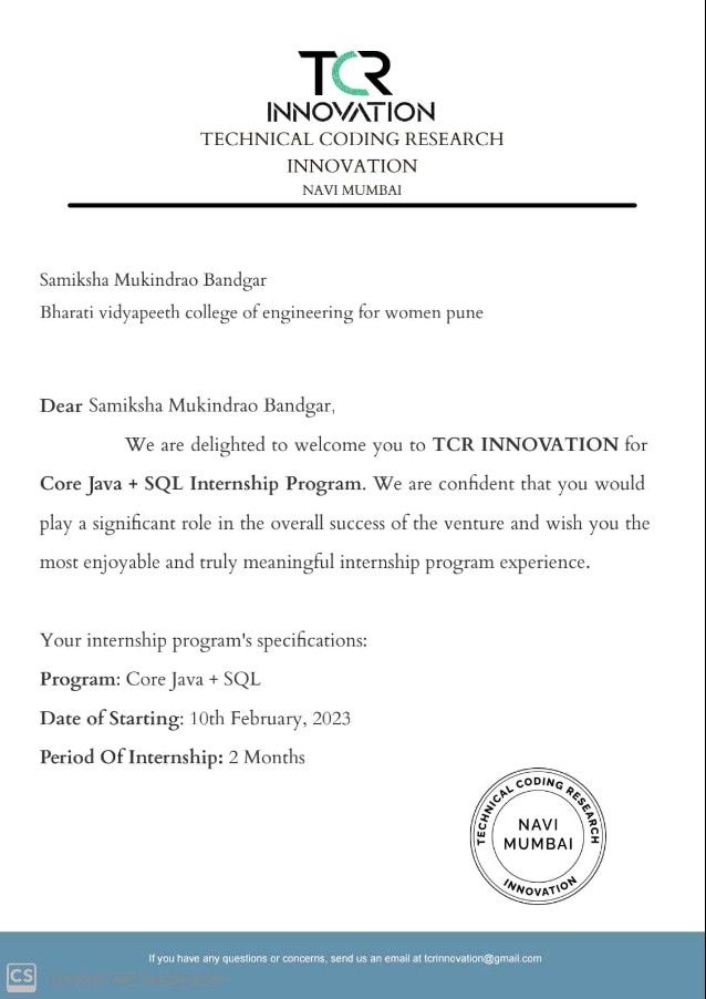 Samiksha Bandgar on LinkedIn: #tcrinnovation #internship #corejava #sql Samiksha Bandgar on LinkedIn: #tcrinnovation #internship #corejava #sql