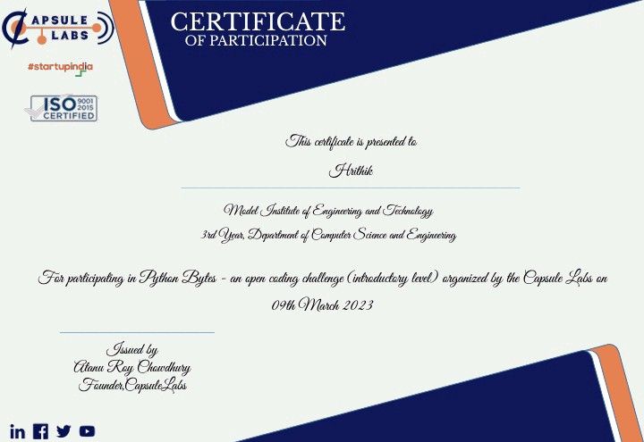 Hrithik Sharma 馃嚠馃嚤 on LinkedIn: #capsulelabs #participation #python Hrithik Sharma 馃嚠馃嚤 on LinkedIn: #capsulelabs #participation #python