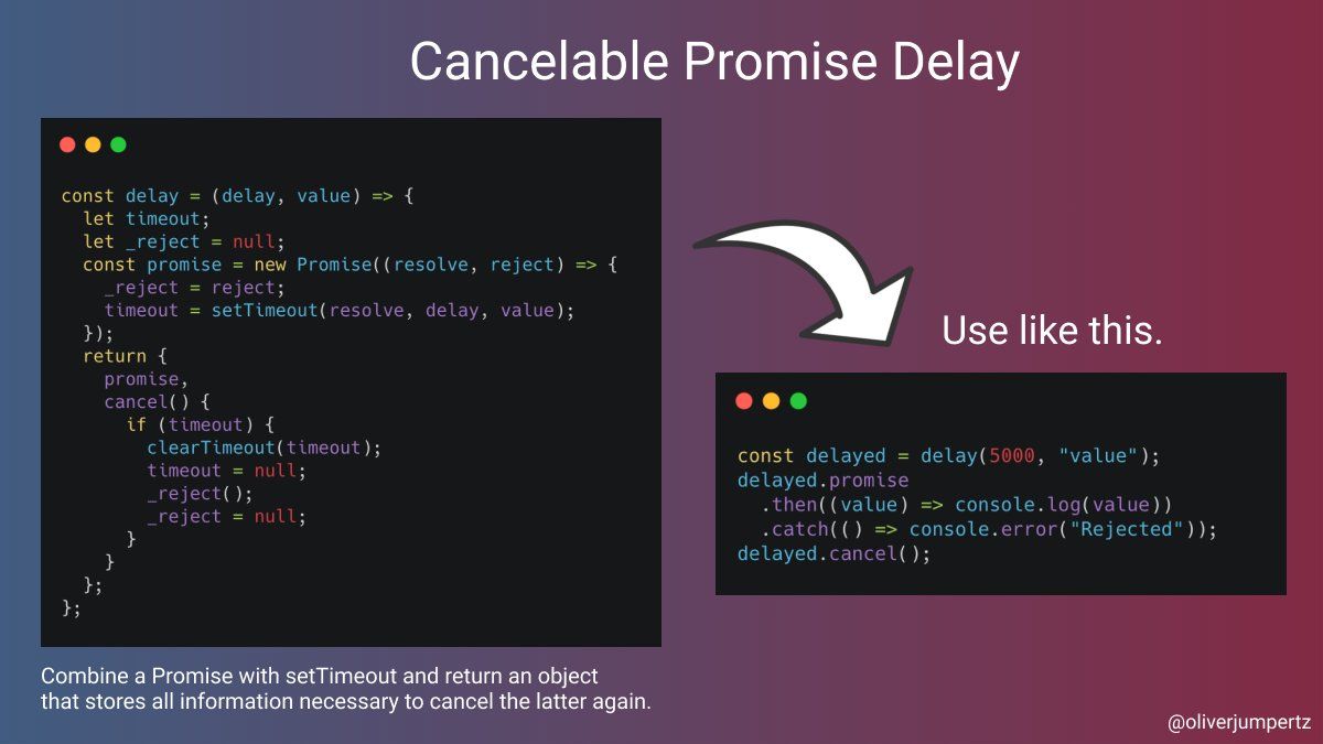 π JavaScript tip π You can create a simple delay by combining a Promise ... π JavaScript tip π You can create a simple delay by combining a Promise ...