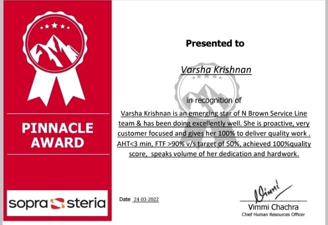 Varsha Krishnan on LinkedIn: #team #hardwork #soprasteria #pinnacle #award Varsha Krishnan on LinkedIn: #team #hardwork #soprasteria #pinnacle #award