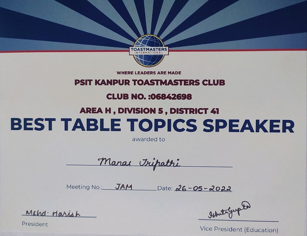 Manas Tripathi on LinkedIn: #toastmastersinternational Manas Tripathi on LinkedIn: #toastmastersinternational