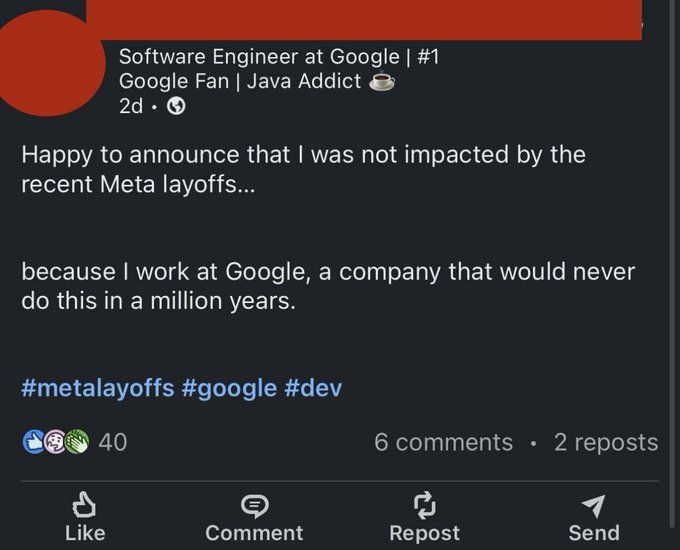 Rohan Verma 🛠️ on LinkedIn: #java #layoffs #tech #google | 23 comments Rohan Verma 🛠️ on LinkedIn: #java #layoffs #tech #google | 23 comments