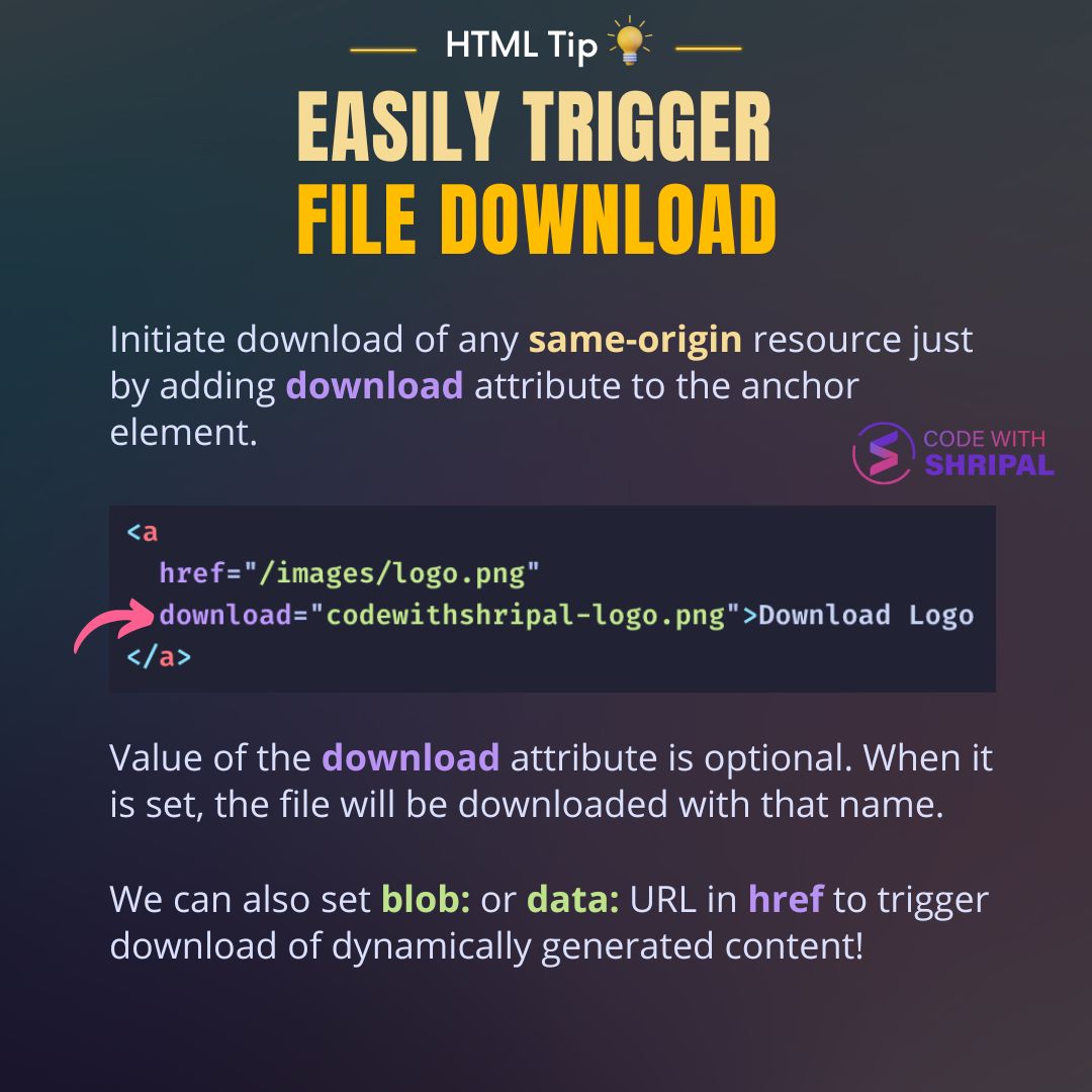 Shripal Soni on LinkedIn: HTML Tip 💡 Easily trigger a file download by ... Shripal Soni on LinkedIn: HTML Tip 💡 Easily trigger a file download by ...