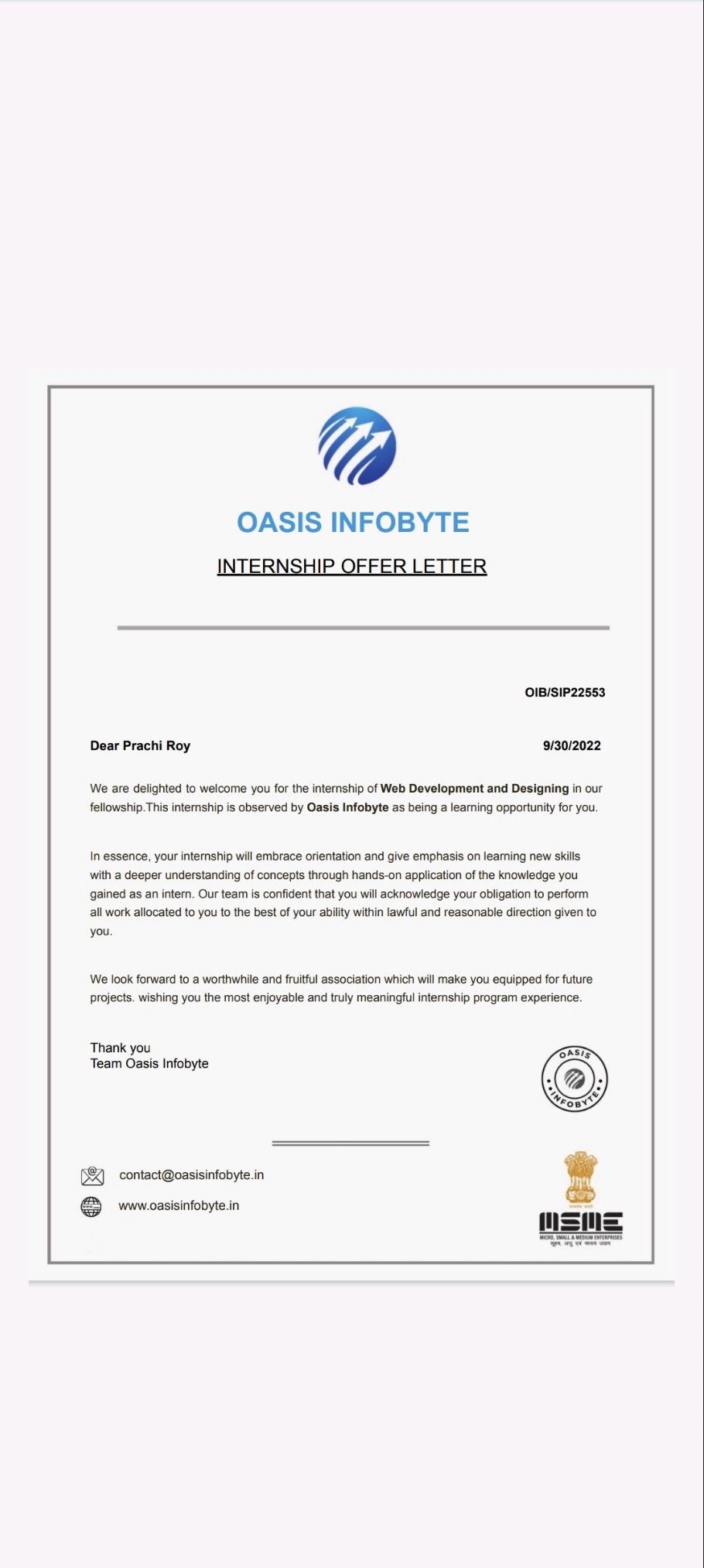 Prachi Roy on LinkedIn: Internship offer letter Prachi Roy on LinkedIn: Internship offer letter