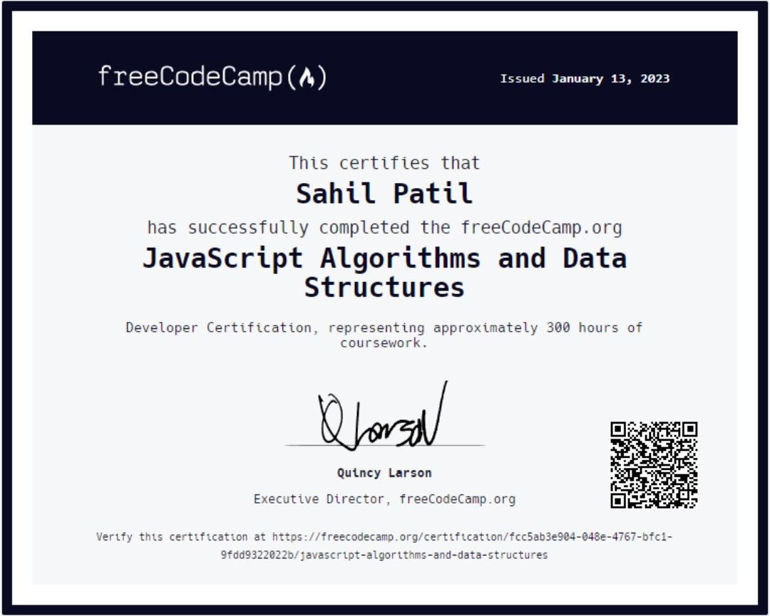 Sahil Patil on LinkedIn: Javascript certification from freeCodeCamp. Sahil Patil on LinkedIn: Javascript certification from freeCodeCamp.