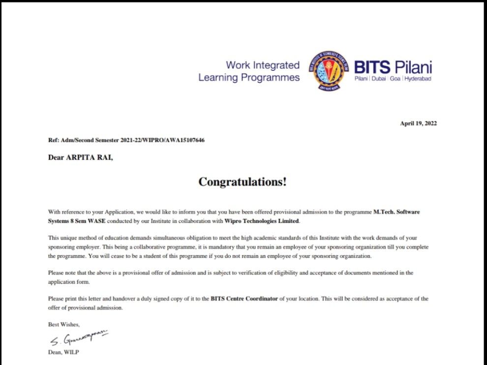 Arpita Rai on LinkedIn: #bitspilani #wiproites #wilp #wipro #mtech Arpita Rai on LinkedIn: #bitspilani #wiproites #wilp #wipro #mtech