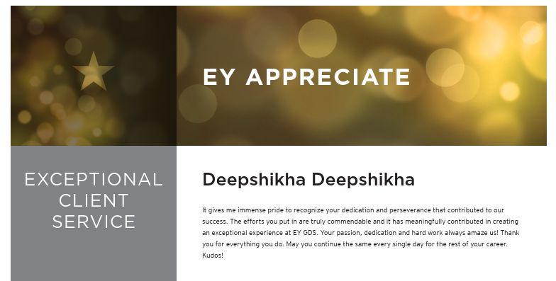 Deepshikha Sethi on LinkedIn: #ecsaward #eyappreciate #eygds #latepost Deepshikha Sethi on LinkedIn: #ecsaward #eyappreciate #eygds #latepost