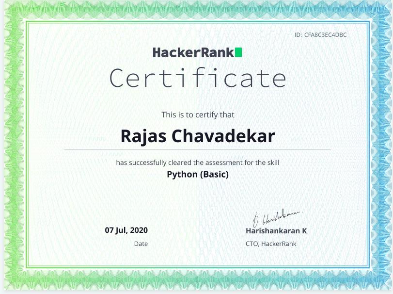 Rajas Chavadekar on LinkedIn: #hackerrank #python #python3 #certificate ... Rajas Chavadekar on LinkedIn: #hackerrank #python #python3 #certificate ...