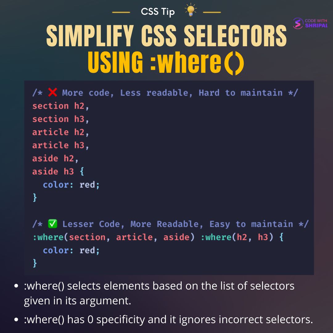 Shripal Soni on LinkedIn: CSS Tip 💡 Simplify large CSS selectors using ... Shripal Soni on LinkedIn: CSS Tip 💡 Simplify large CSS selectors using ...