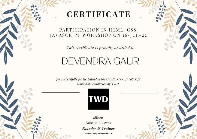 Devendra Gaur on LinkedIn: Completing workshop of HTML,CSS and JAVASCRIPT. Devendra Gaur on LinkedIn: Completing workshop of HTML,CSS and JAVASCRIPT.