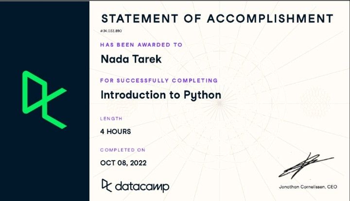Nada Tarek on LinkedIn: #python #introduction_to_python #datacamp # ... Nada Tarek on LinkedIn: #python #introduction_to_python #datacamp # ...