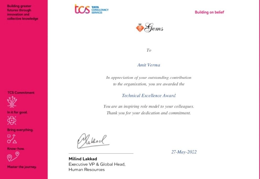 Amit Verma on LinkedIn: #tcsgems #technicalexcellenceaward Amit Verma on LinkedIn: #tcsgems #technicalexcellenceaward