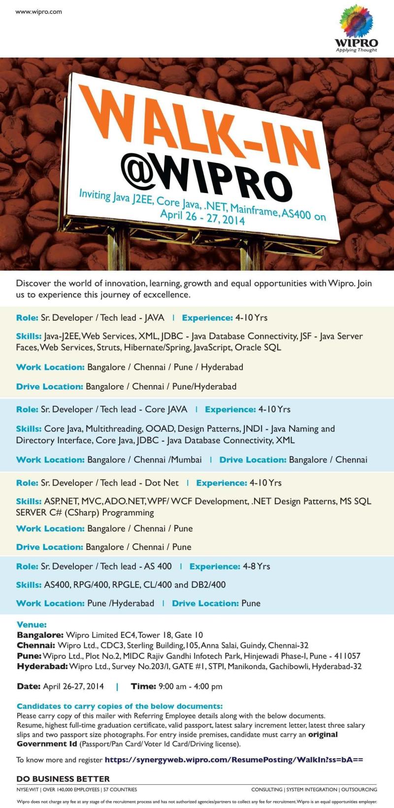 Mega Walk-in @ Wipro Ltd.for Opportunities in Java J2EE, Core Java ... Mega Walk-in @ Wipro Ltd.for Opportunities in Java J2EE, Core Java ...