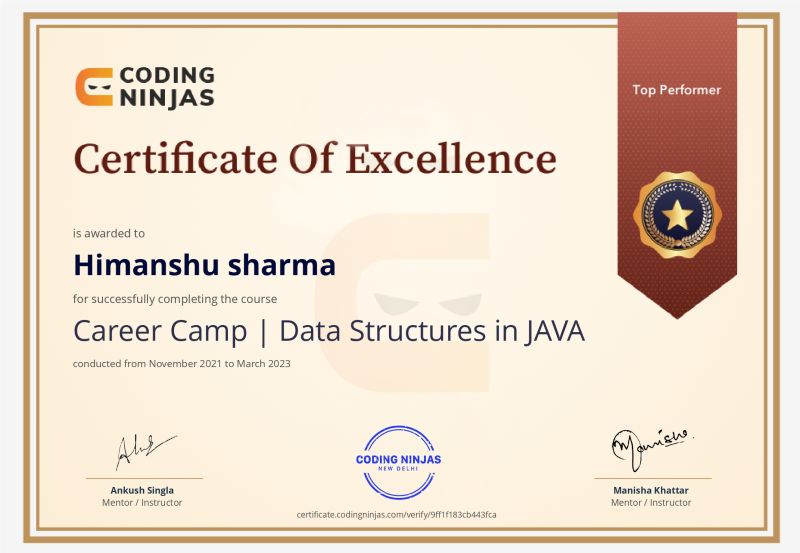 Himanshu Sharma on LinkedIn: Certificate of Excellence for DSA in Java ... Himanshu Sharma on LinkedIn: Certificate of Excellence for DSA in Java ...