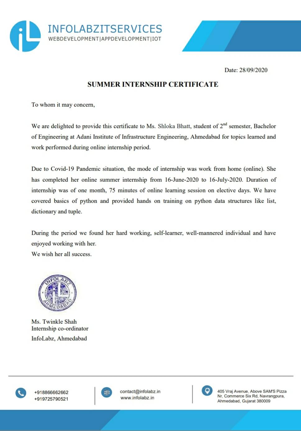 Shloka Bhatt on LinkedIn: Glad to complete this internship. Thank you ... Shloka Bhatt on LinkedIn: Glad to complete this internship. Thank you ...