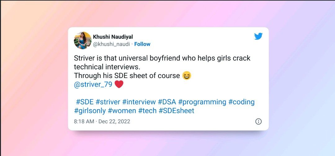 Khushi Naudiyal on LinkedIn: #striver #maang #amazon #dsacoding #dsa # ... Khushi Naudiyal on LinkedIn: #striver #maang #amazon #dsacoding #dsa # ...