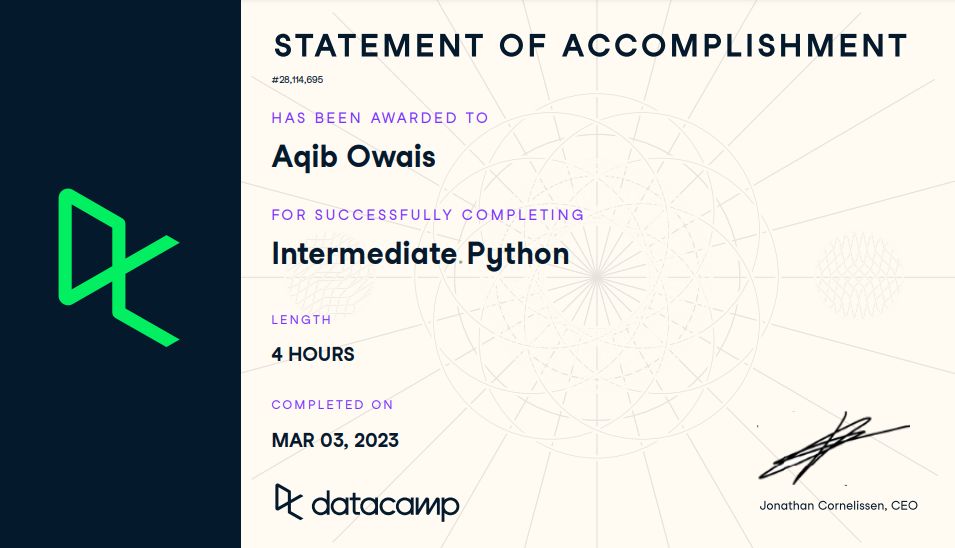 I am happy to share that I have completed the Intermediate Python ... I am happy to share that I have completed the Intermediate Python ...