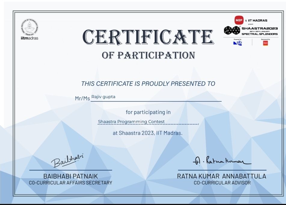 Rajiv Gupta on LinkedIn: My coding participation at IIT MADRAS Rajiv Gupta on LinkedIn: My coding participation at IIT MADRAS