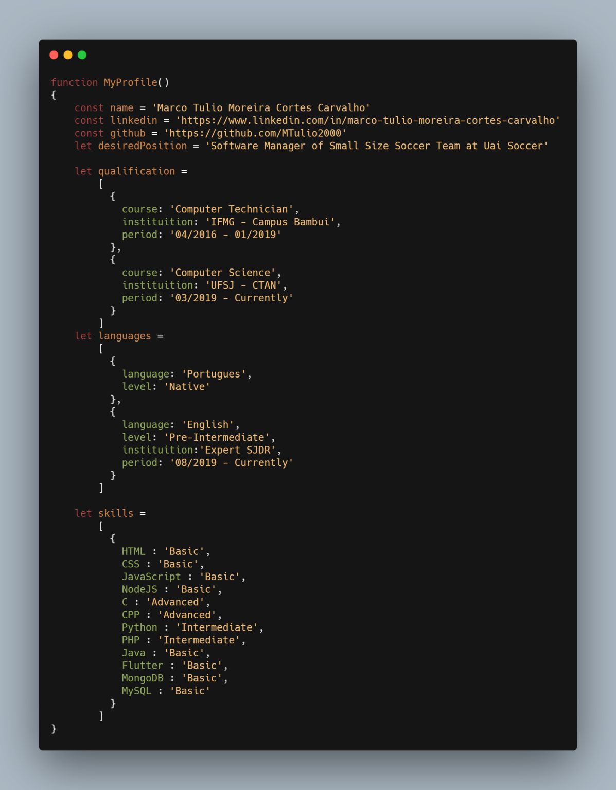 Hoje resolvi fazer um Currículo em JavaScript, seguindo uma ideia ... Hoje resolvi fazer um Currículo em JavaScript, seguindo uma ideia ...