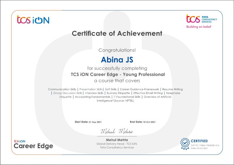 Abina J S on LinkedIn: #tcsion #tcs #learning #tataconsultancyservices Abina J S on LinkedIn: #tcsion #tcs #learning #tataconsultancyservices