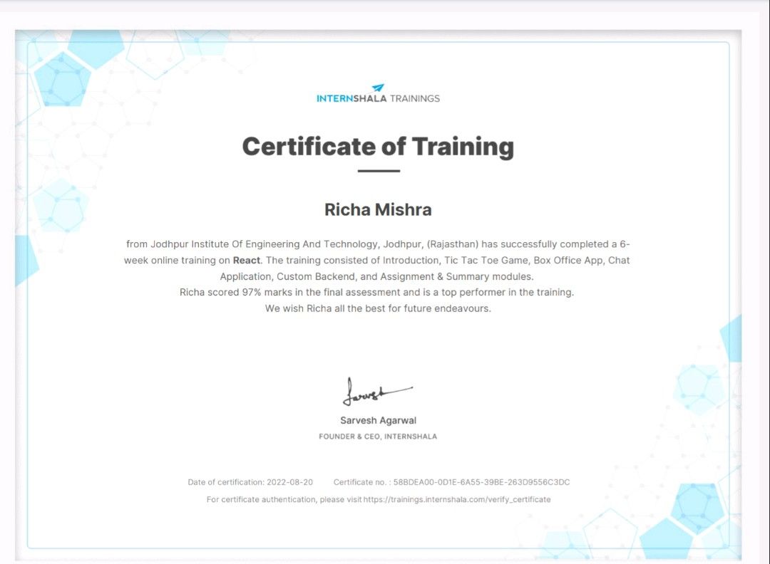Richa Mishra on LinkedIn: #internshala #internshalatrainings #reactjs Richa Mishra on LinkedIn: #internshala #internshalatrainings #reactjs