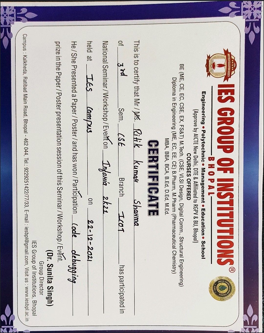 Ritik Kumar Sharma on LinkedIn: #code #ies #iescampus #certificate Ritik Kumar Sharma on LinkedIn: #code #ies #iescampus #certificate
