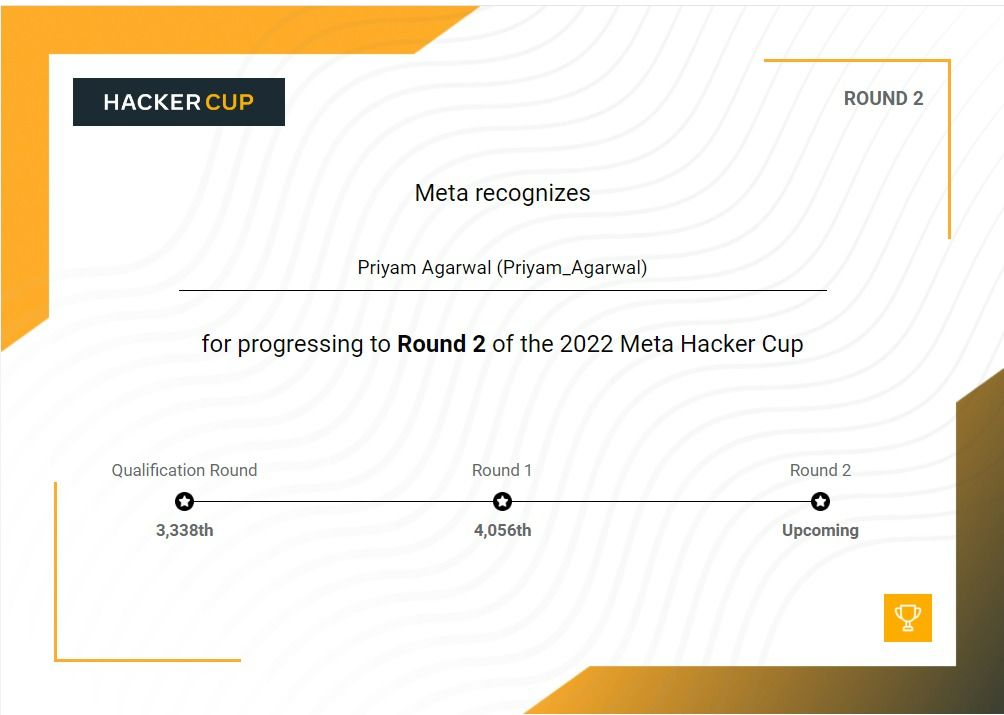 Priyam Agarwal on LinkedIn: #metahackercup #competitiveprogramming Priyam Agarwal on LinkedIn: #metahackercup #competitiveprogramming