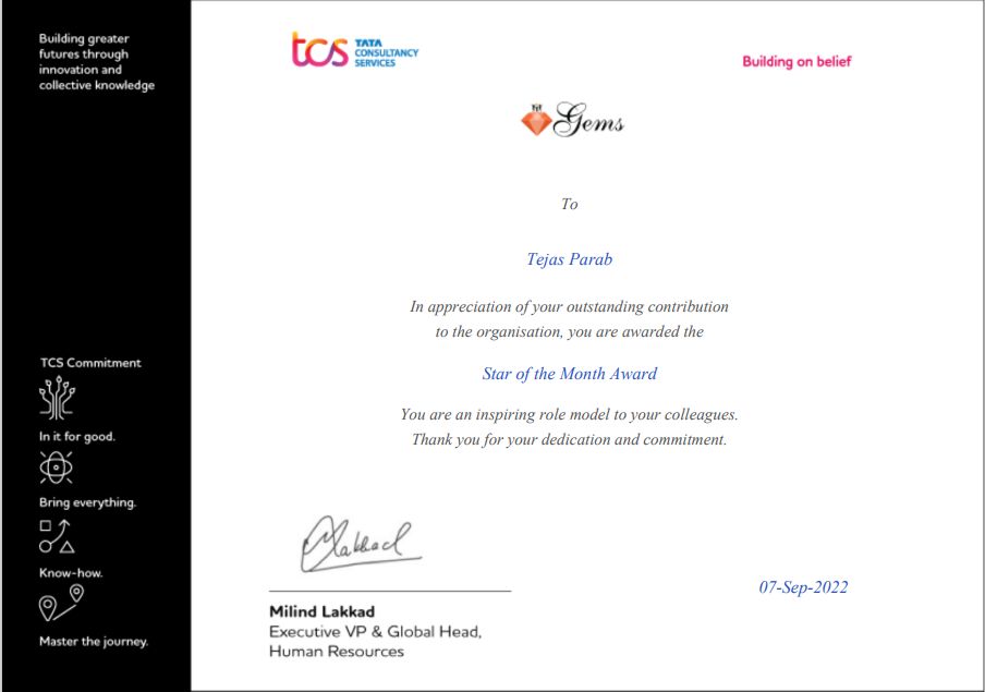 Tejas Parab on LinkedIn: #tcser #tataconsultancyservices Tejas Parab on LinkedIn: #tcser #tataconsultancyservices