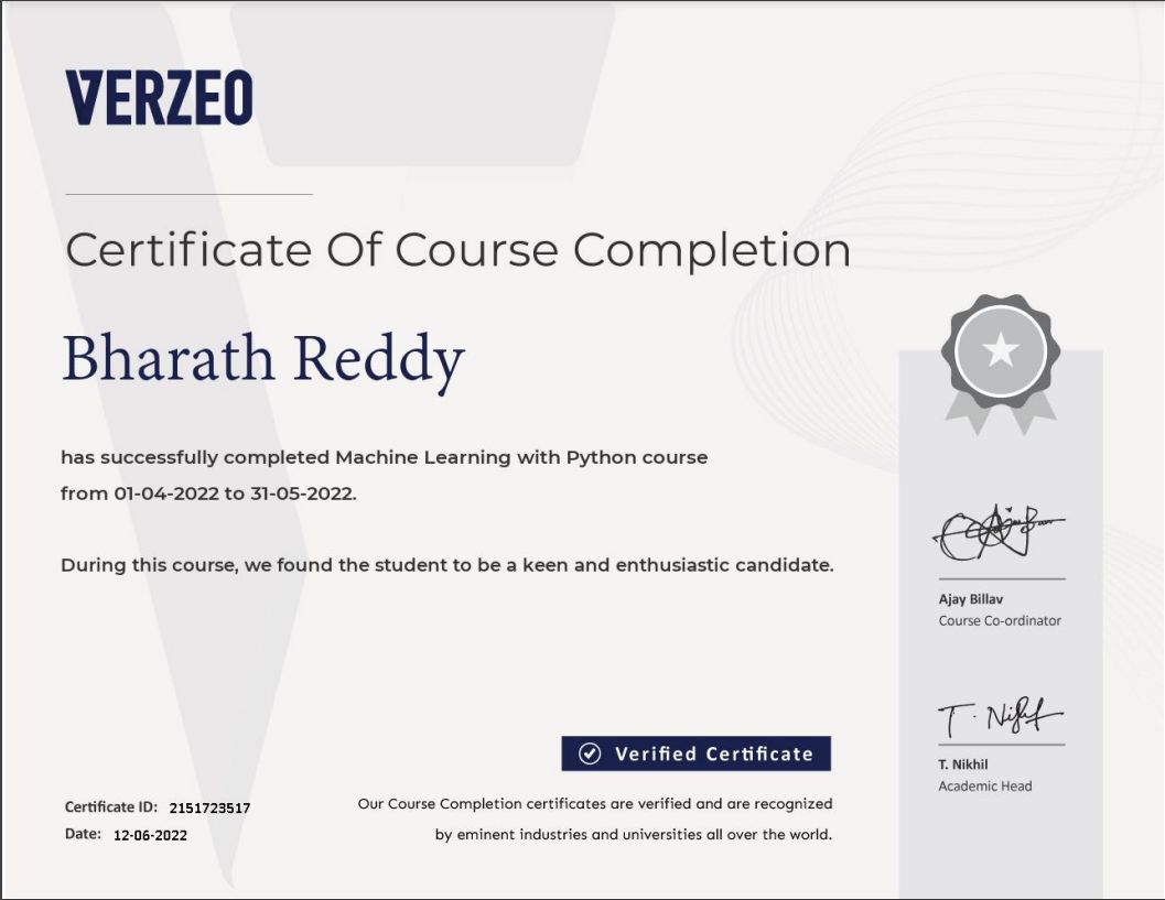 BHARATH REDDY BAYYARAM on LinkedIn: #verzeo #machinelearning #python3 BHARATH REDDY BAYYARAM on LinkedIn: #verzeo #machinelearning #python3