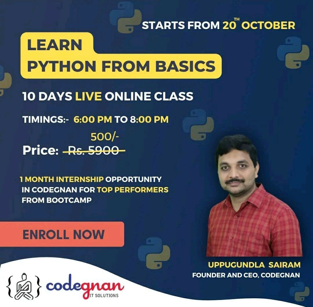 Uppugundla Sairam on LinkedIn: #python #codegnan #pythonbootcamp # ... Uppugundla Sairam on LinkedIn: #python #codegnan #pythonbootcamp # ...