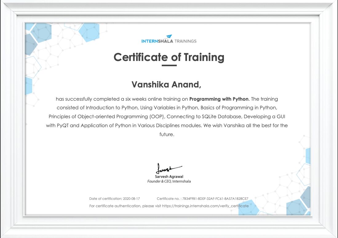 Vanshika Anand on LinkedIn: #certificate #python #pythonprogramming # ... Vanshika Anand on LinkedIn: #certificate #python #pythonprogramming # ...