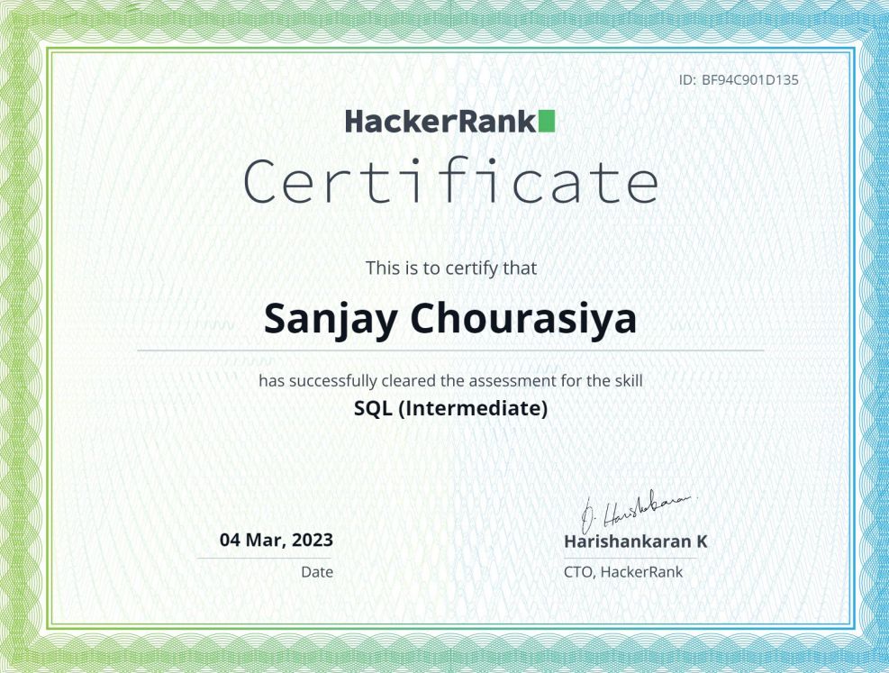 Sanjay Chourasiya on LinkedIn: #hackerrank #coding #sqldeveloper #sqlserver Sanjay Chourasiya on LinkedIn: #hackerrank #coding #sqldeveloper #sqlserver